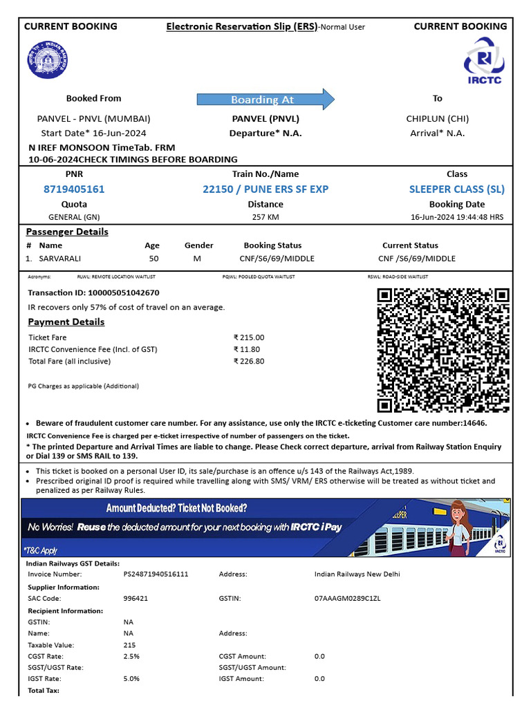 Pune Ers SF Exp Sleeper Class (SL) : Current Booking Electronic Reserva ...