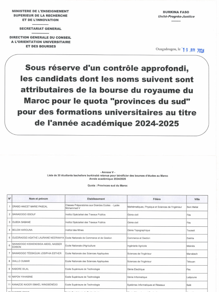 Liste Principale Quota Provinces Du Sud 2024-2025 | PDF