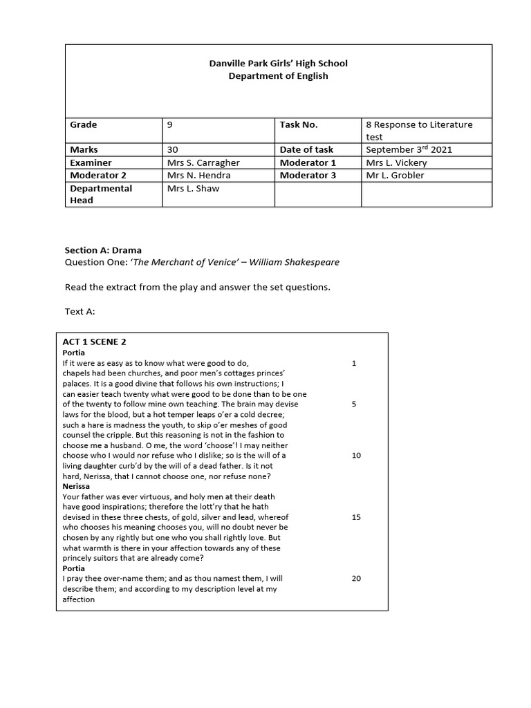 Grade 9 Literature Test Overview | PDF | The Merchant Of Venice