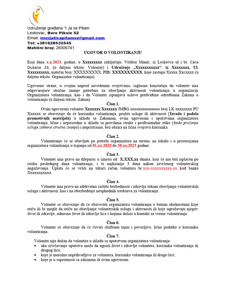 Ugovor o Volontiranju | PDF
