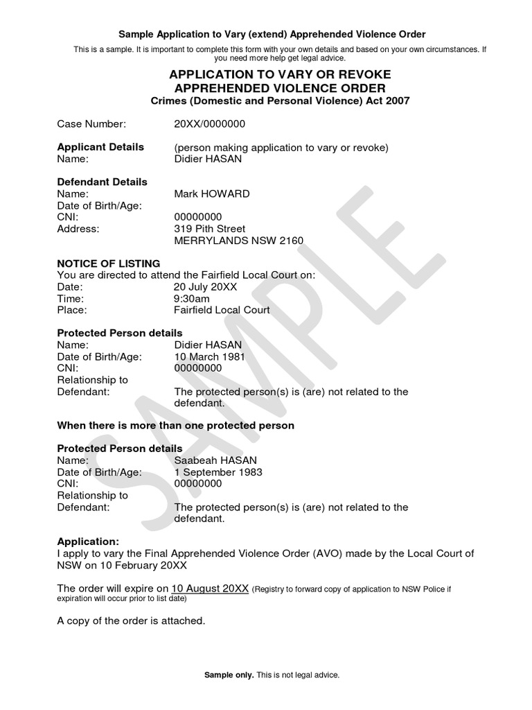 Sample Application To Vary (Extend) An Apprehended Violence Order | PDF ...