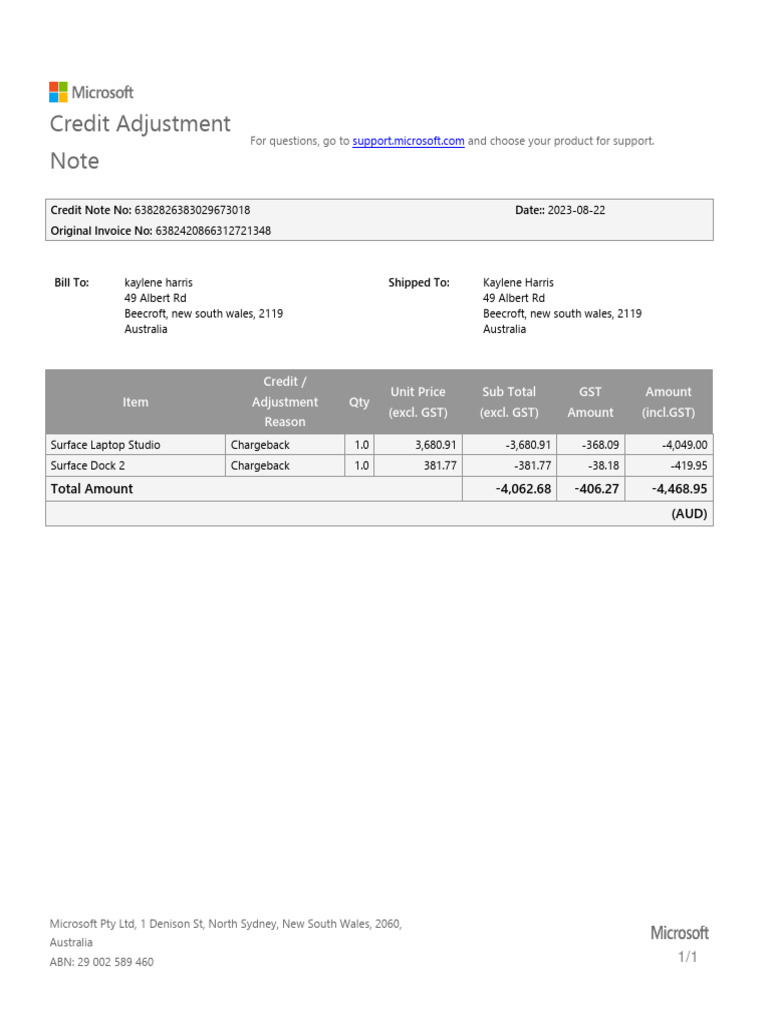Credit Note Adjustment - Microsoft Store | PDF