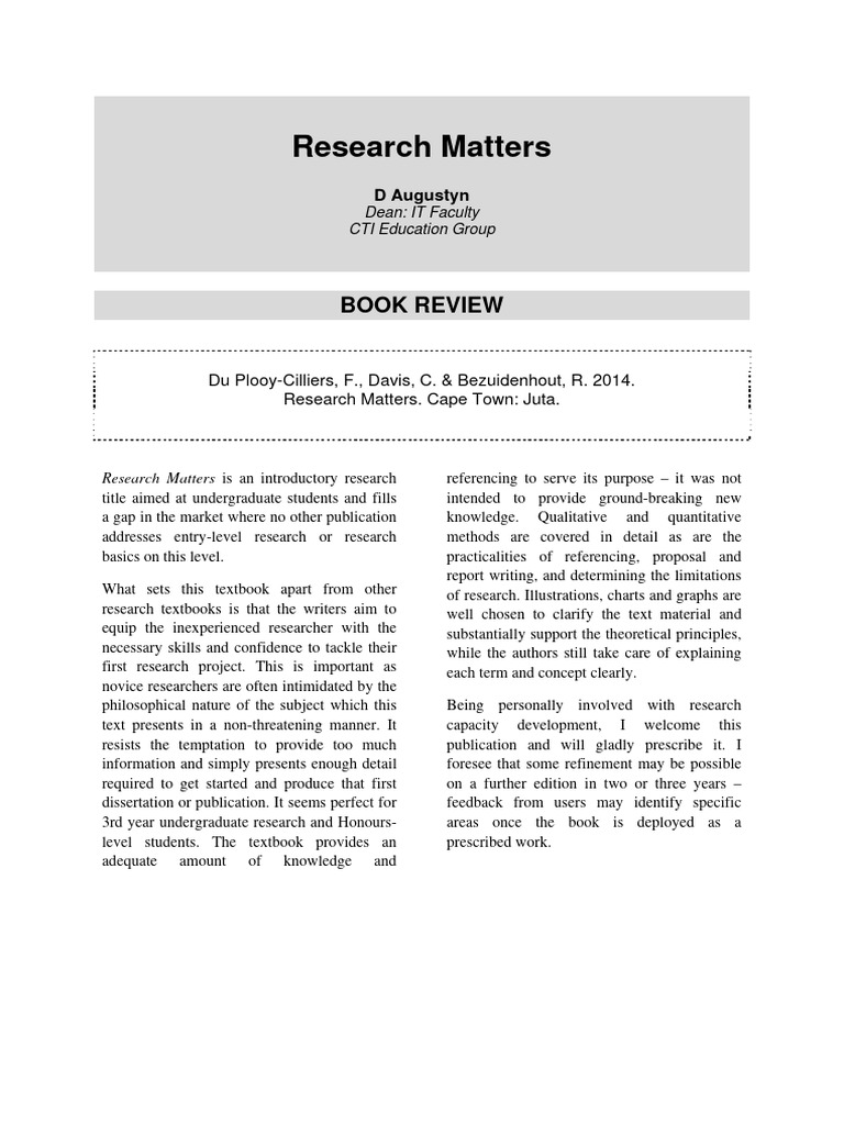 Augustyn 2014 Research Matters Du Plooy Cilliers F Davis C Bezuidenhout Book Review | PDF ...
