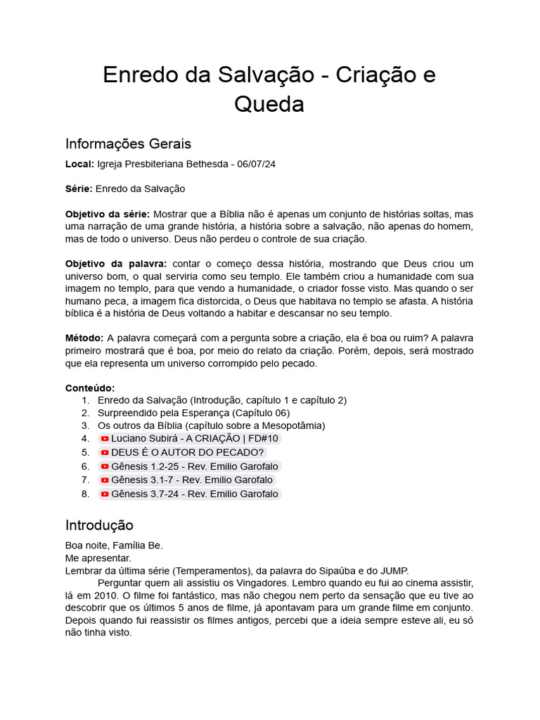 Enredo Da Salvação Criação E Queda Pdf Gênesis Livro Adão E Eva