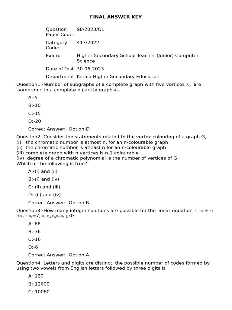 Final Answer Key HSST Computer Science | PDF | Class (Computer Programming) | Object Oriented ...