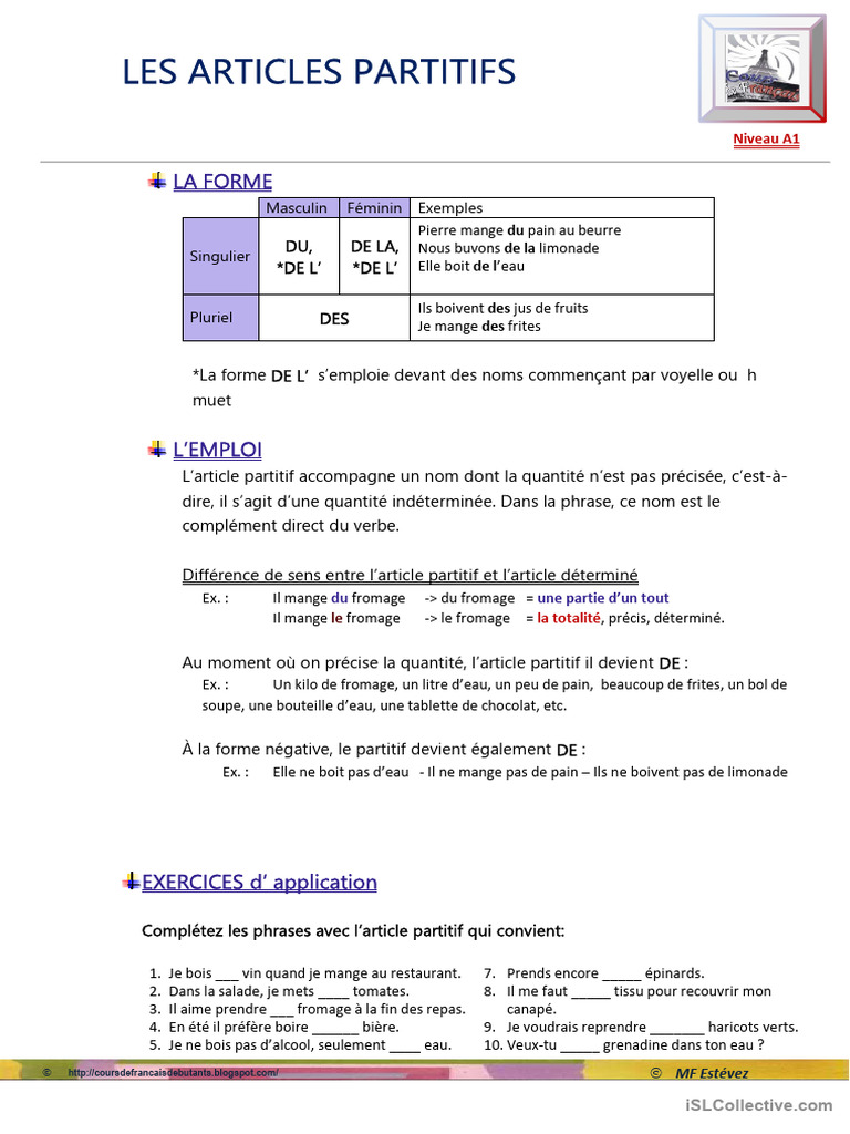 Articles Partitifs : Guide A1 | PDF | Cuisine | Nourritures