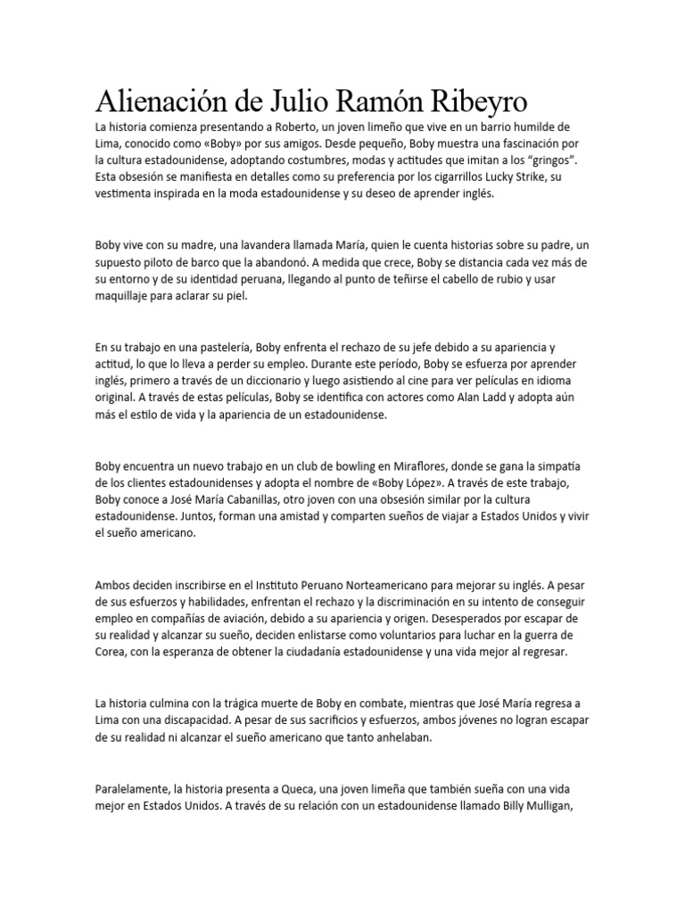 Alienación de Julio Ramón Ribeyro | PDF | Narración | Desigualdad social