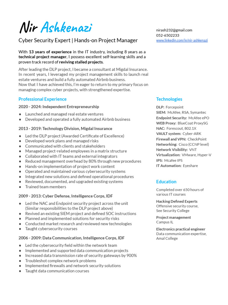 CV Nir Ashkenazi | PDF | Security | Computer Security