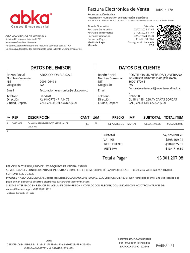 Factura Electrónica ABKA - Junio 2024 | PDF | Industrias de servicio ...