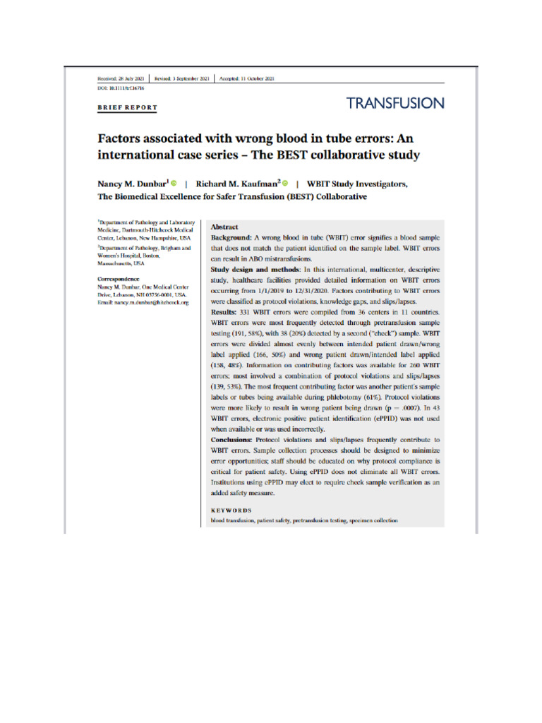 Factors Associated With Wrong Blood in Tube Errors - An International ...