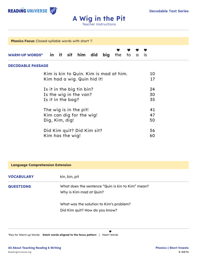 Decodable Text: A Wig in the Pit | PDF | Phonics | Language Acquisition