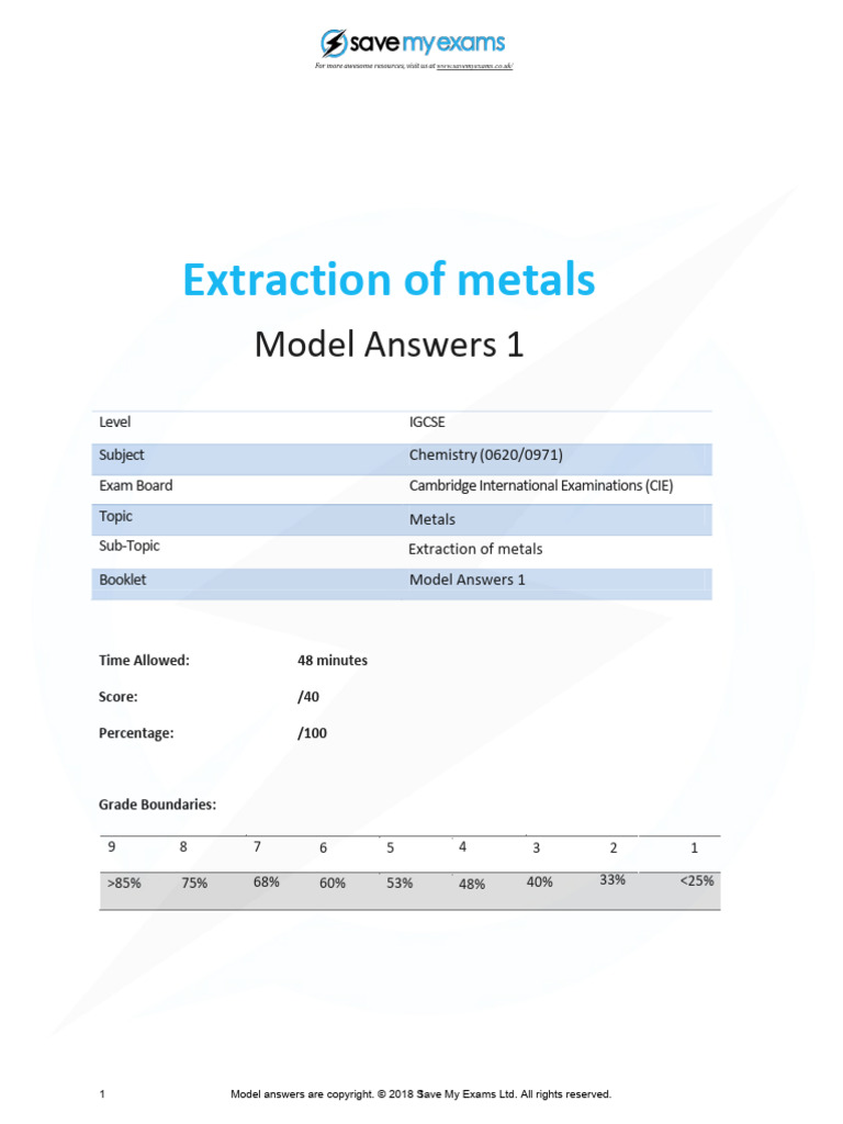 103 Extraction of Metals Model Answer Booklet 1 CIE IGCSE Chemistry 3 ...