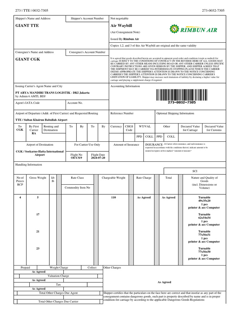 Airway Bill (AWB) 27300327305 | PDF