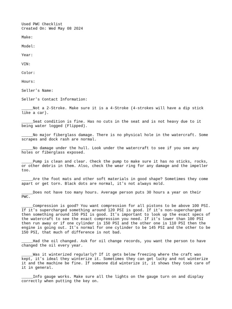 Used PWC Checklist | PDF | Mechanical Engineering