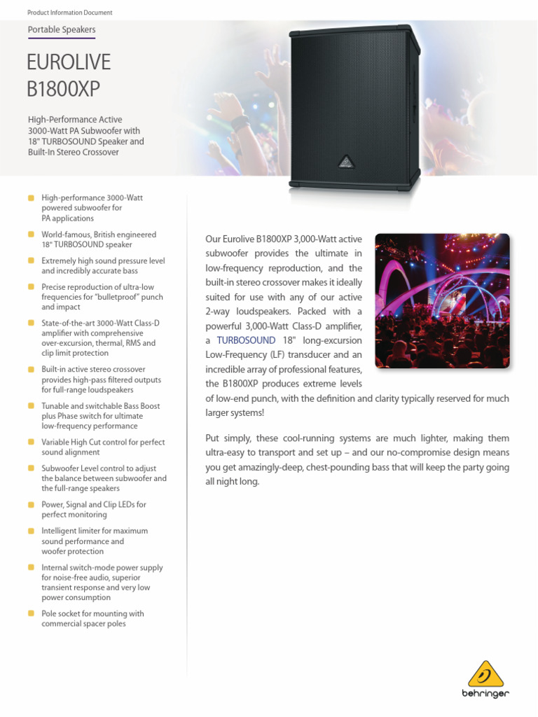 Behringer B1800XP Subwoofer Overview | PDF | Loudspeaker | Sound Production