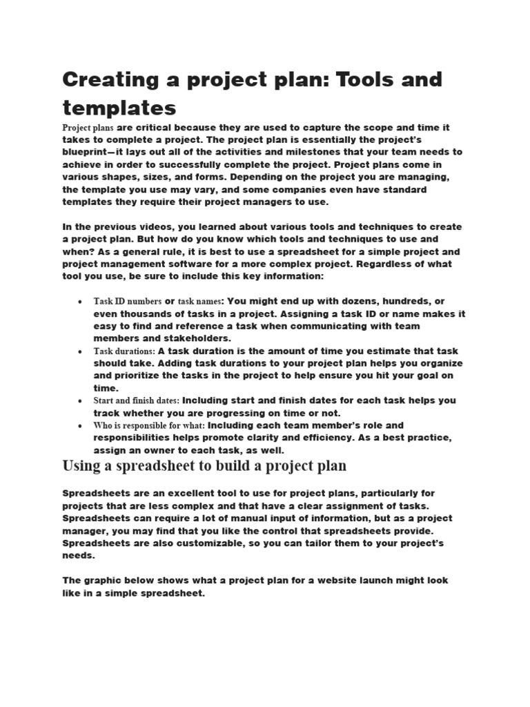 Creating A Project Plan Tools and Templates | PDF | Spreadsheet ...
