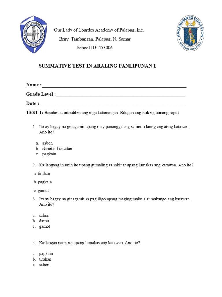 Grade 1 Summative Test | PDF