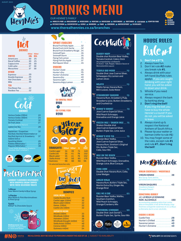 Hennies Comprehensive Drinks Menu | PDF | Drink | Alcoholic Drinks