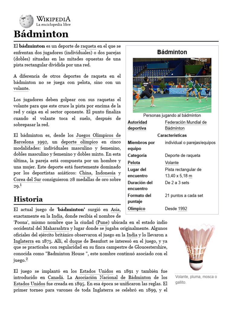 Bádminton - Wikipedia, La Enciclopedia Libre | PDF | Deportes atléticos ...