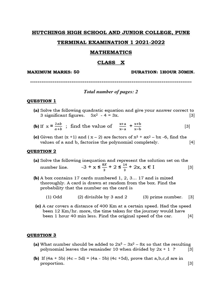 Class X Mathematics Exam Paper 2021-22 | PDF | Factorization | Applied ...