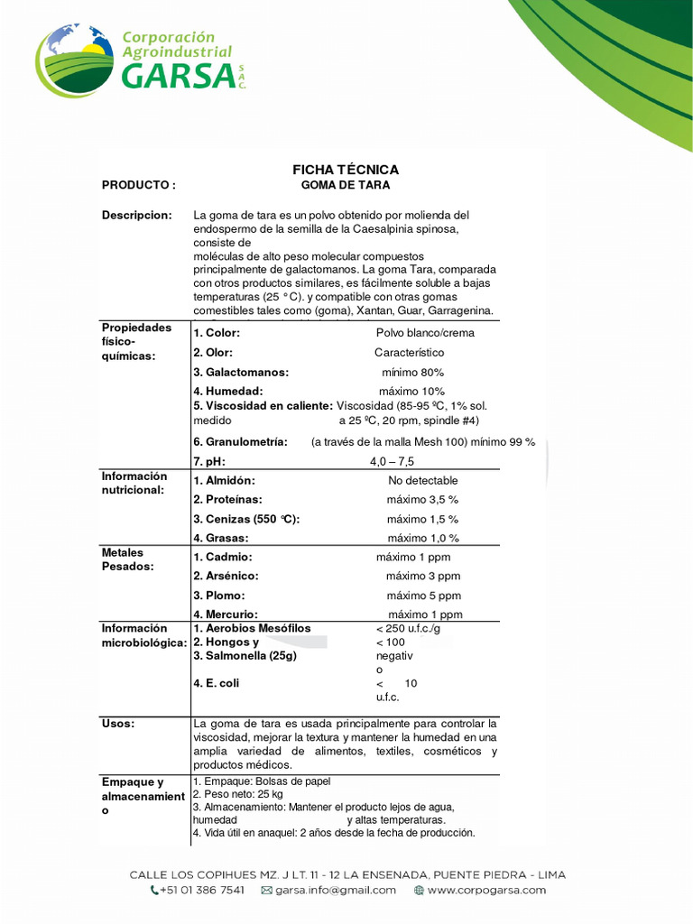 Ficha Técnica de Goma de Tara | PDF | Átomos | Compuestos químicos