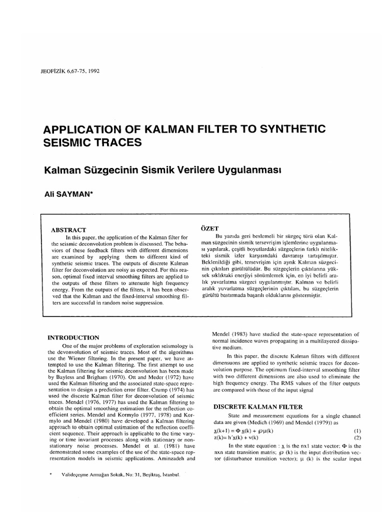 Application of Kalman Filter To Synthetic Seismic Traces | PDF