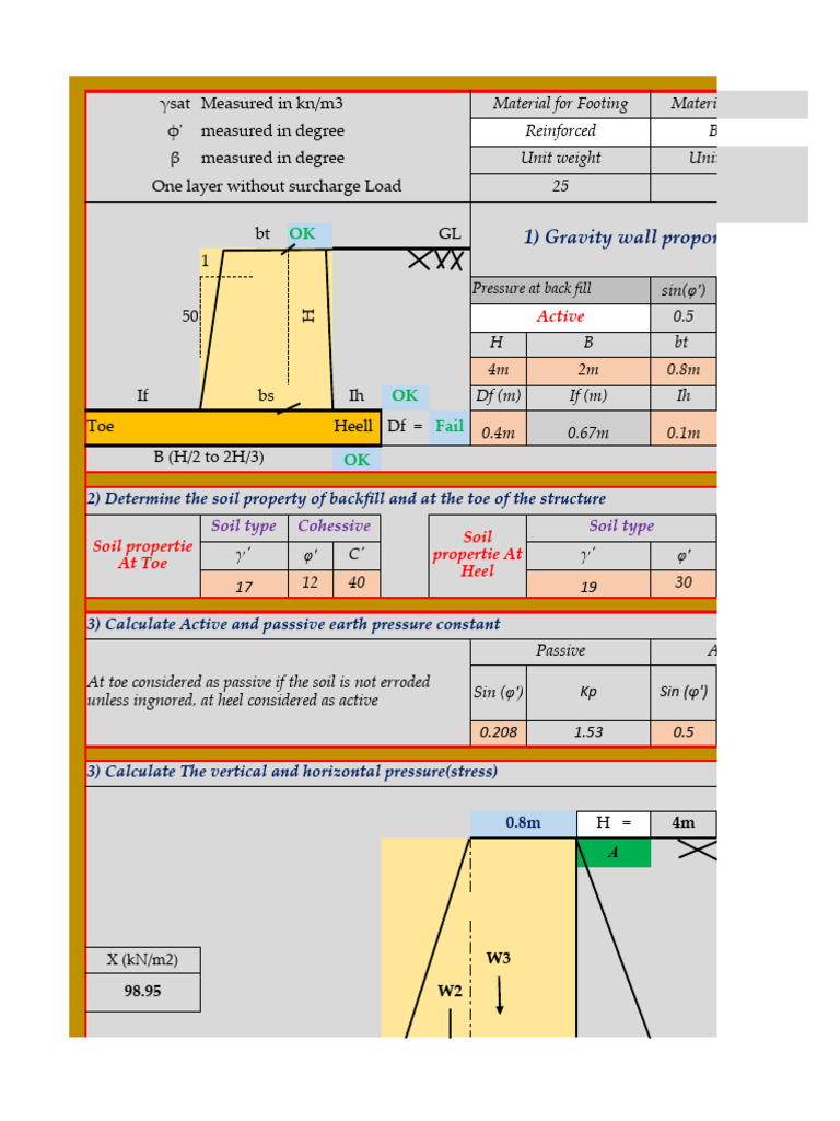 Retaining_wall_Ecxel_templet_by_Abebe_Manaye_09_12_96_09_25 | PDF | Friction | Force