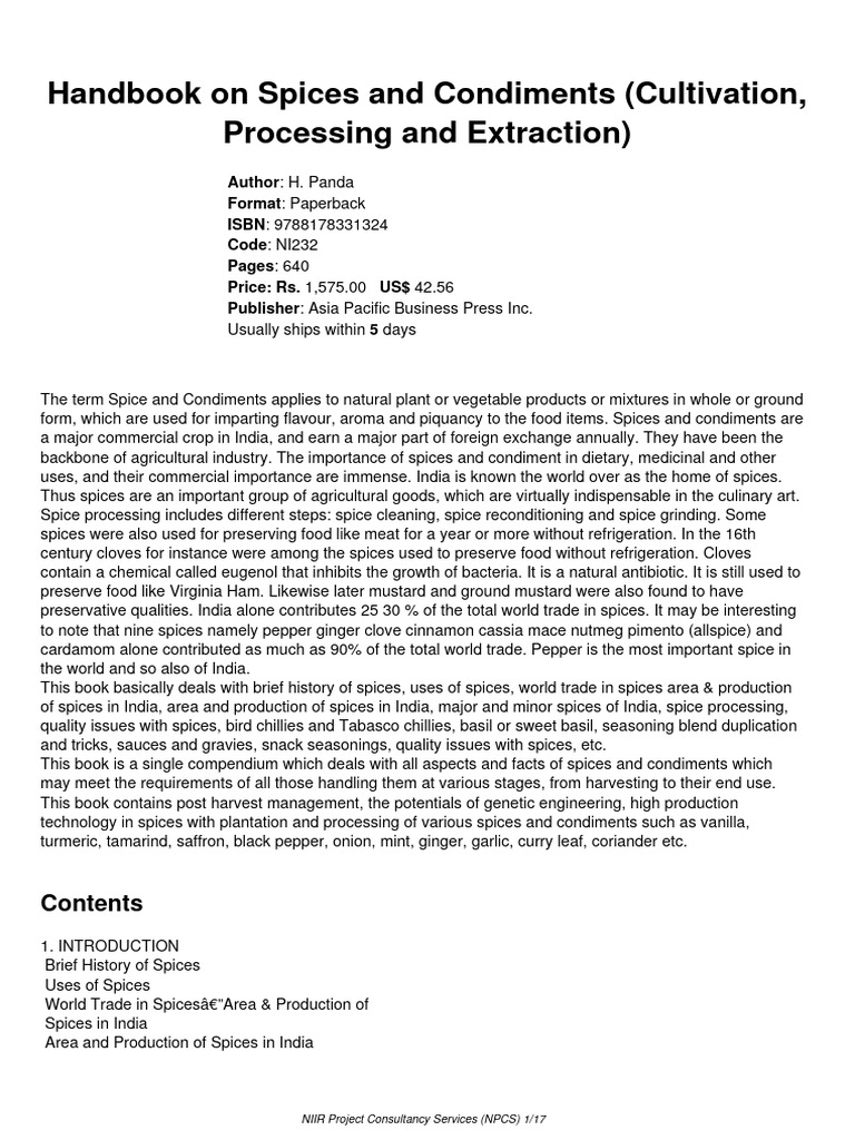 Niir Handbook On Spices Condiments Cultivation Processing Extraction | PDF | Spice ...