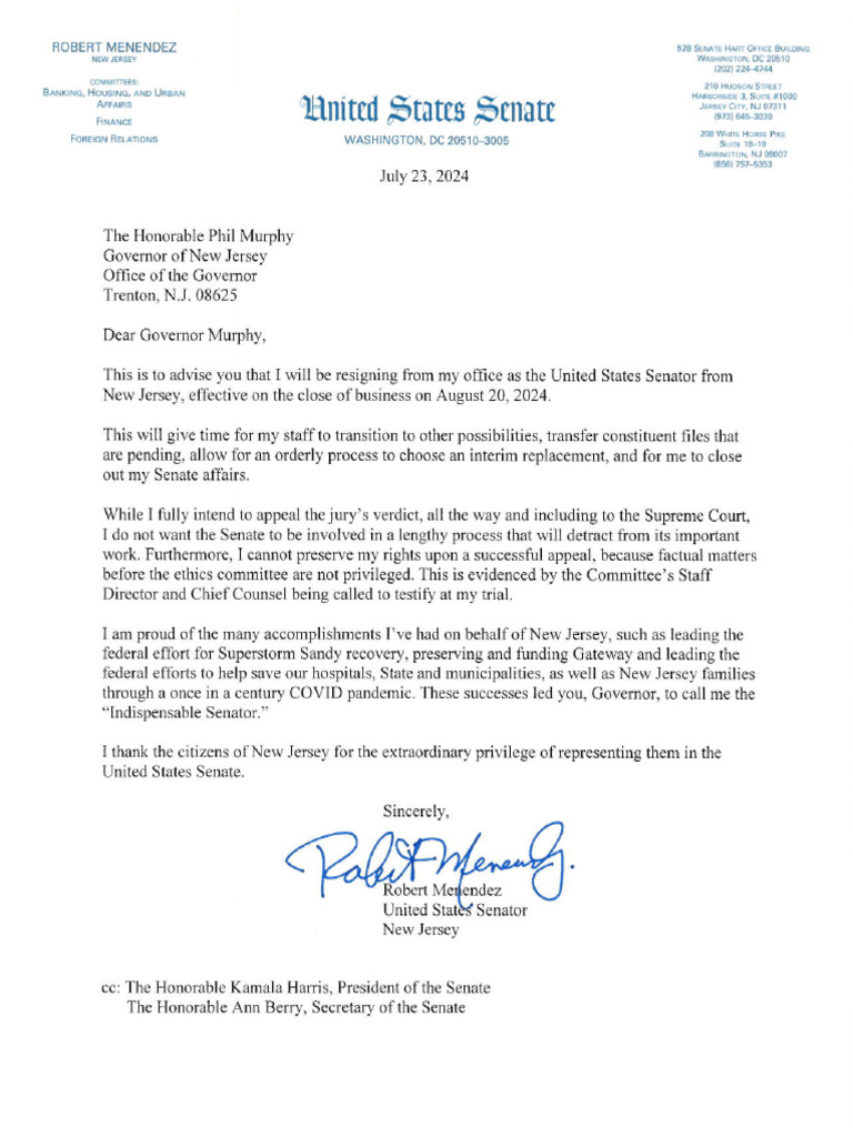 Sen. Menendez Resignation Letter | PDF