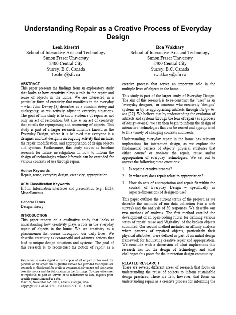2011 - Maestri y Wakkary - Understanding - Repair - As - A - Creative - Process | PDF ...