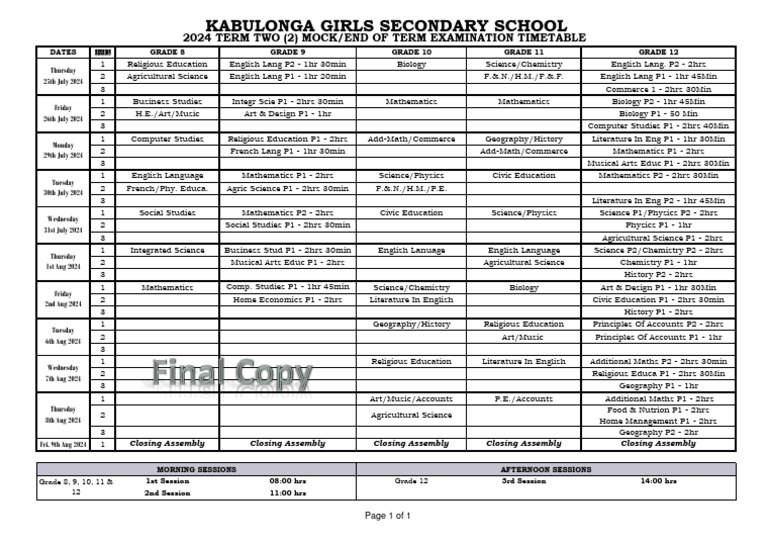 2024 Mock Exam Timetable Final | PDF | Science | Educational Stages