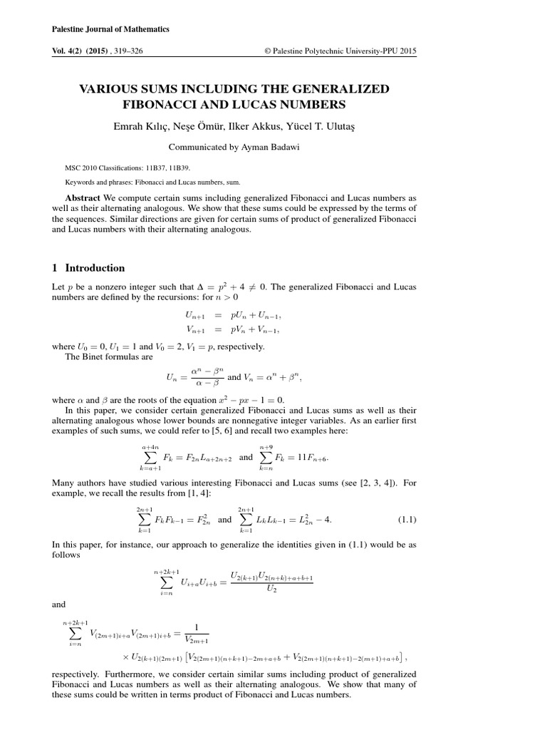 12 (Latex) Various Sums Including The Generalized Fibonacci and Lucas Numbers | PDF | Summation ...