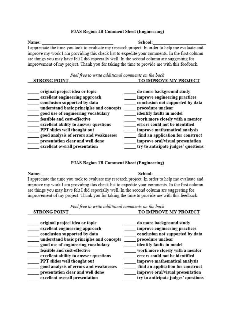 PJAS Region 1B Comment Sheet Engineering | PDF | Engineering | Cognition