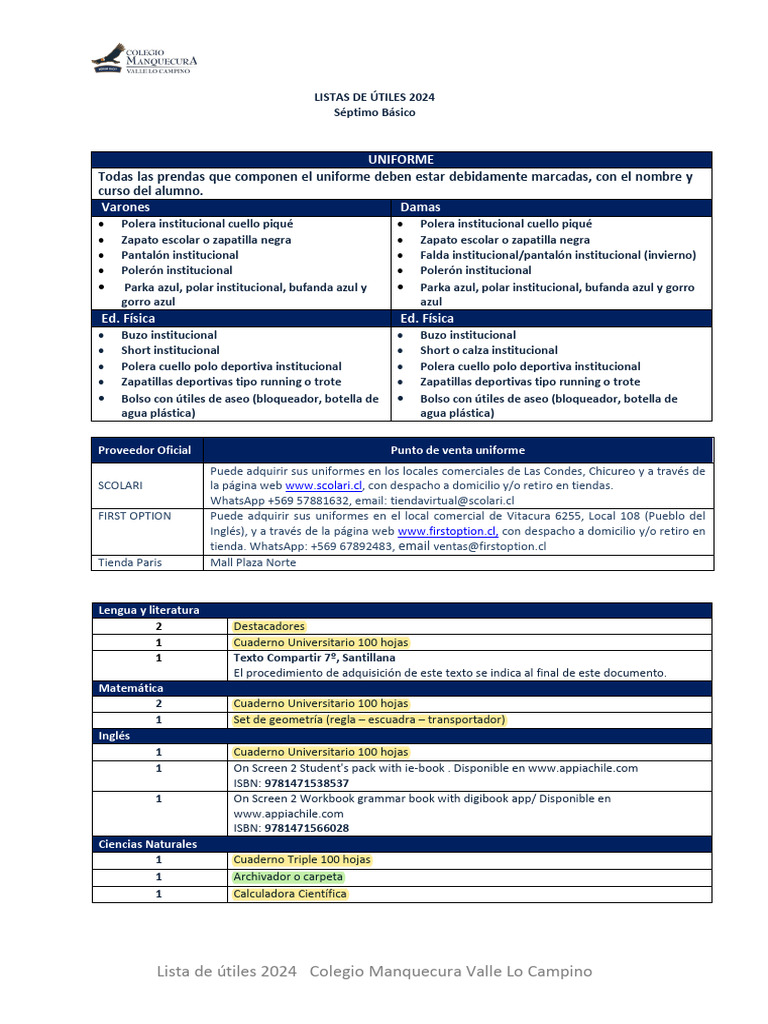 Lista de Utiles 7° Basico 2024 Manquecura Valle Lo Campino | PDF | Lápiz