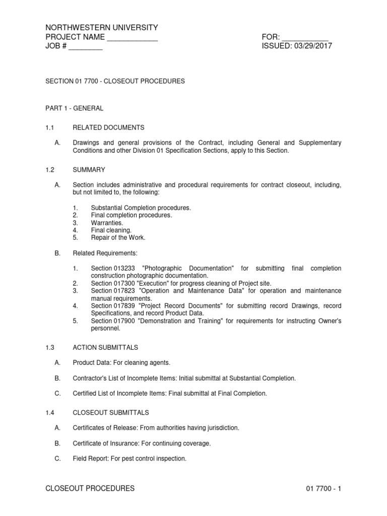 Nu - 01 7700 - Closeout Procedures | PDF | Specification (Technical ...