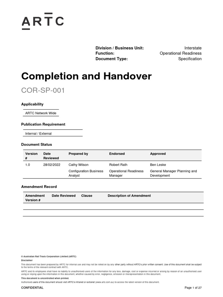 COR SP 001 - Completion and Handover Spec - 20220318 | PDF ...