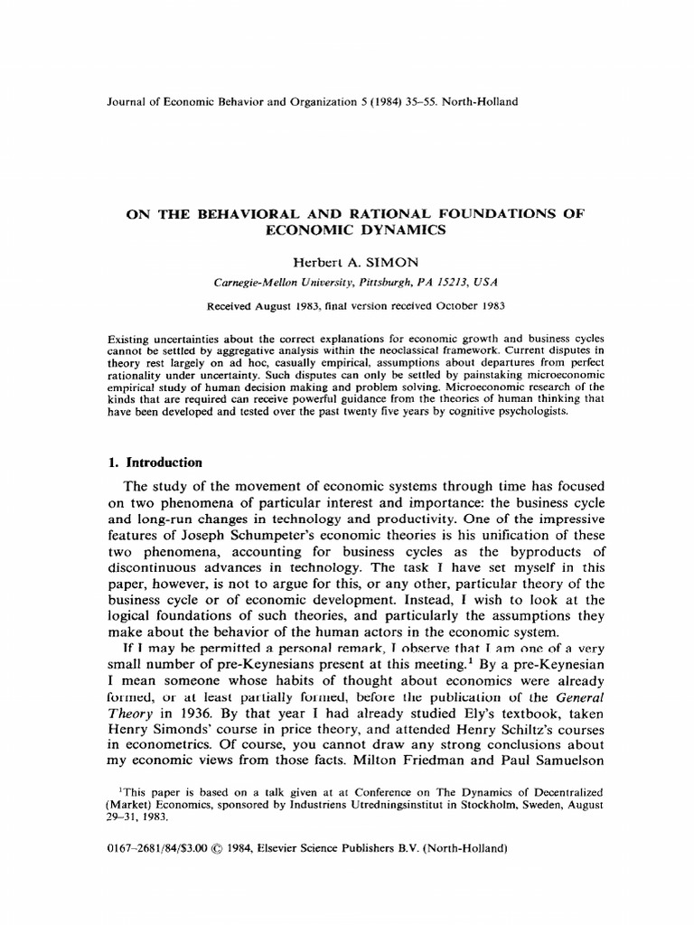 Herbert - Simon Onthe Behavioral and Rational Fpundations of Economic Dynamics | PDF | Economics ...