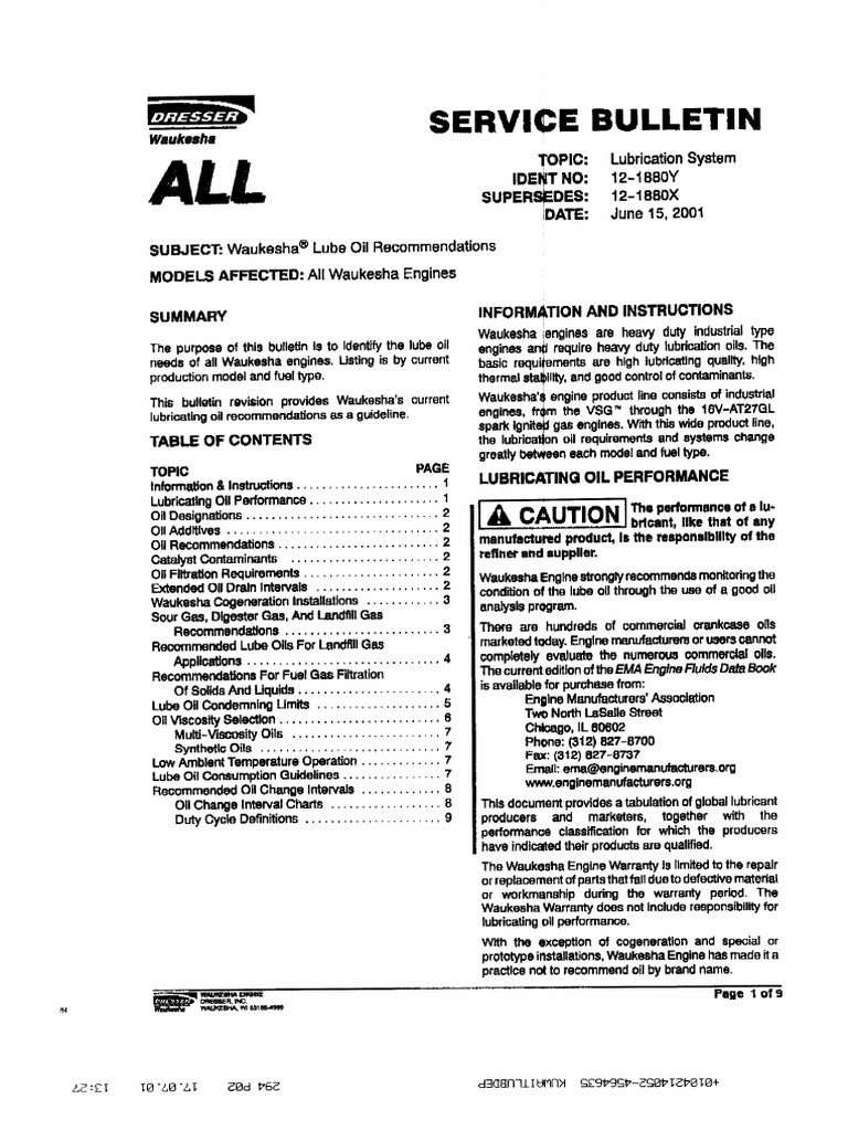 Lube Oil Recommendations Service Bulletin 12-1880 - 2001 | PDF