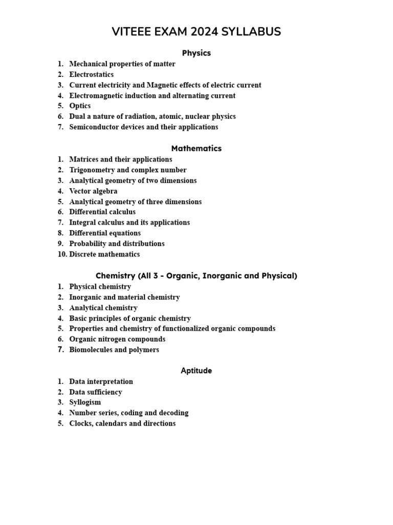 VITEEE Examination - Topic Names | PDF