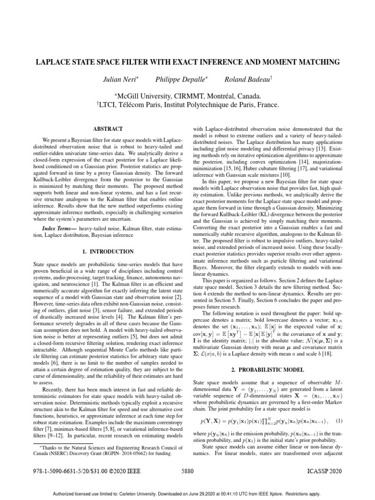 Laplace State Space Filter With Exact Inference and Moment Matching ...