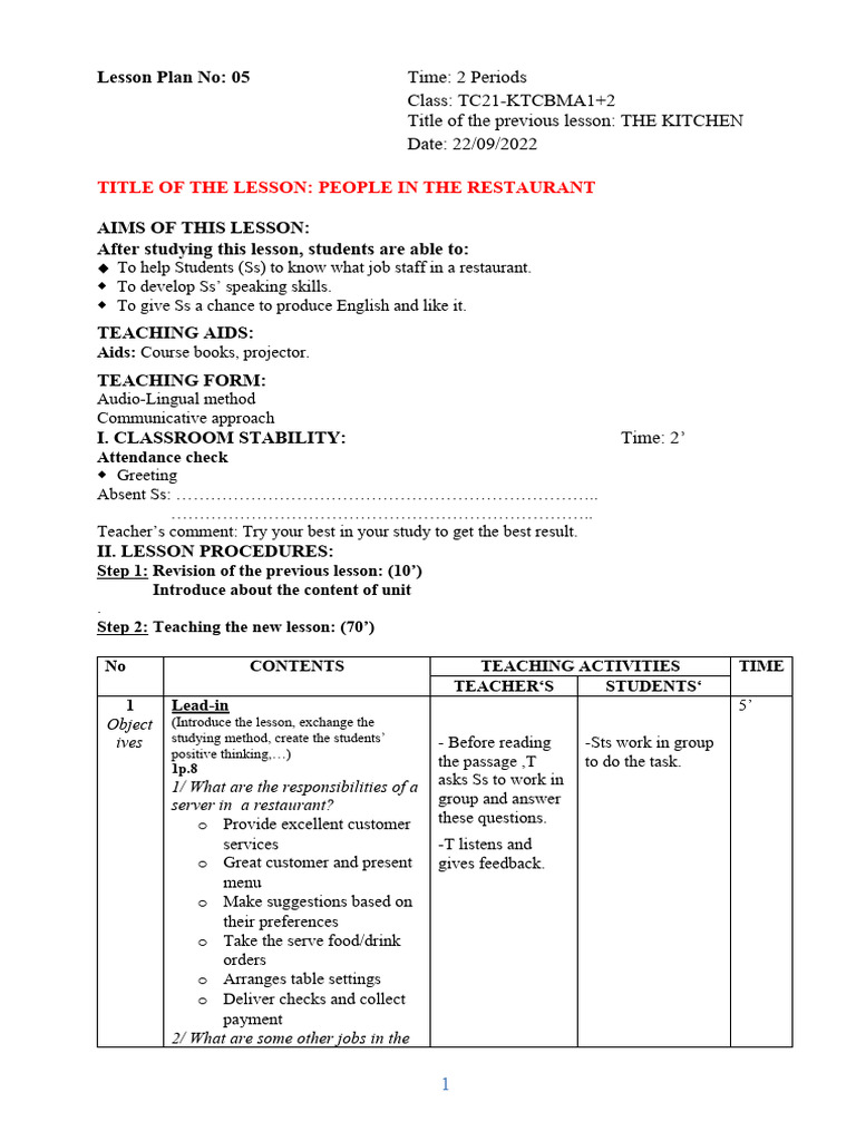 Unit3-lesson plan 5- 2T-People in a restaurant-GA tích hợp mẫu | PDF ...