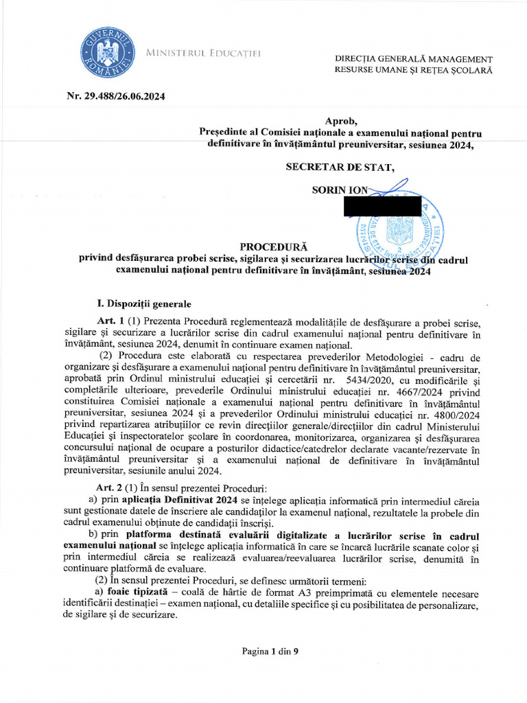 Procedura Desfasurare Proba Scrisa Definitivat 2024 | PDF