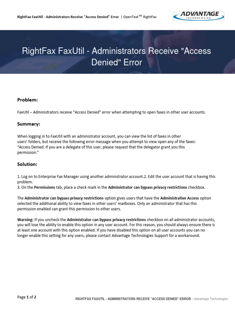 RightFax FaxUtil Administrators Receive Access Denied Error | PDF | Fax ...