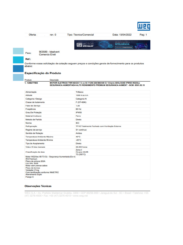 FOLHA DE DADOS MOTOR EX Ventilador 7,5CV W22 | PDF