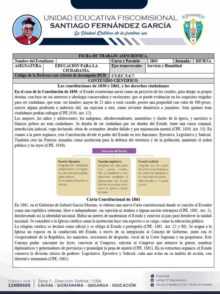 Ficha de Trabajo Asincrónico Educacion Ciudad 2do | PDF | Estado (política) | Constitución