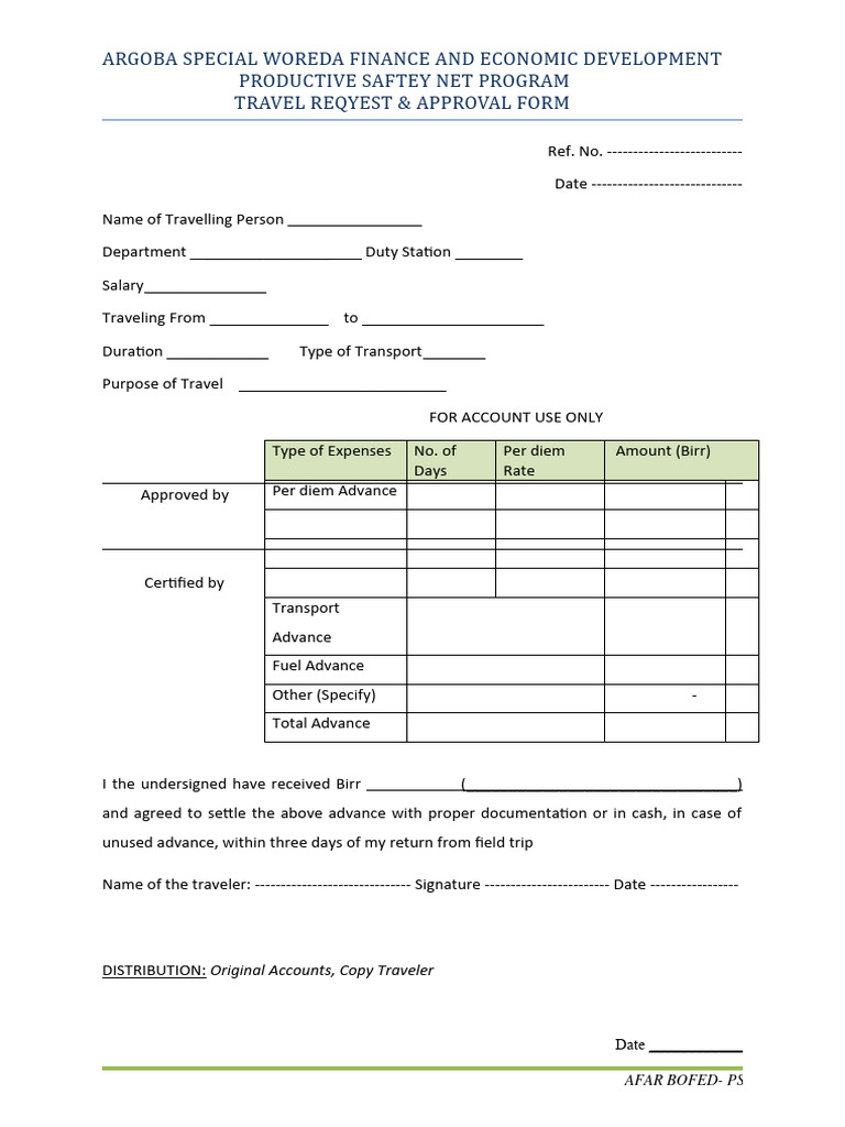 PSNP TRAVEL ADVANCE REQUEST & SETTLEMENT FORM 2013 | PDF | Per Diem ...