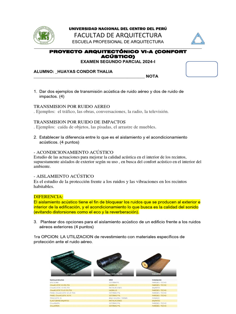 Examen Segundo Parcial - Huayas Confort Acústico | PDF | ruido
