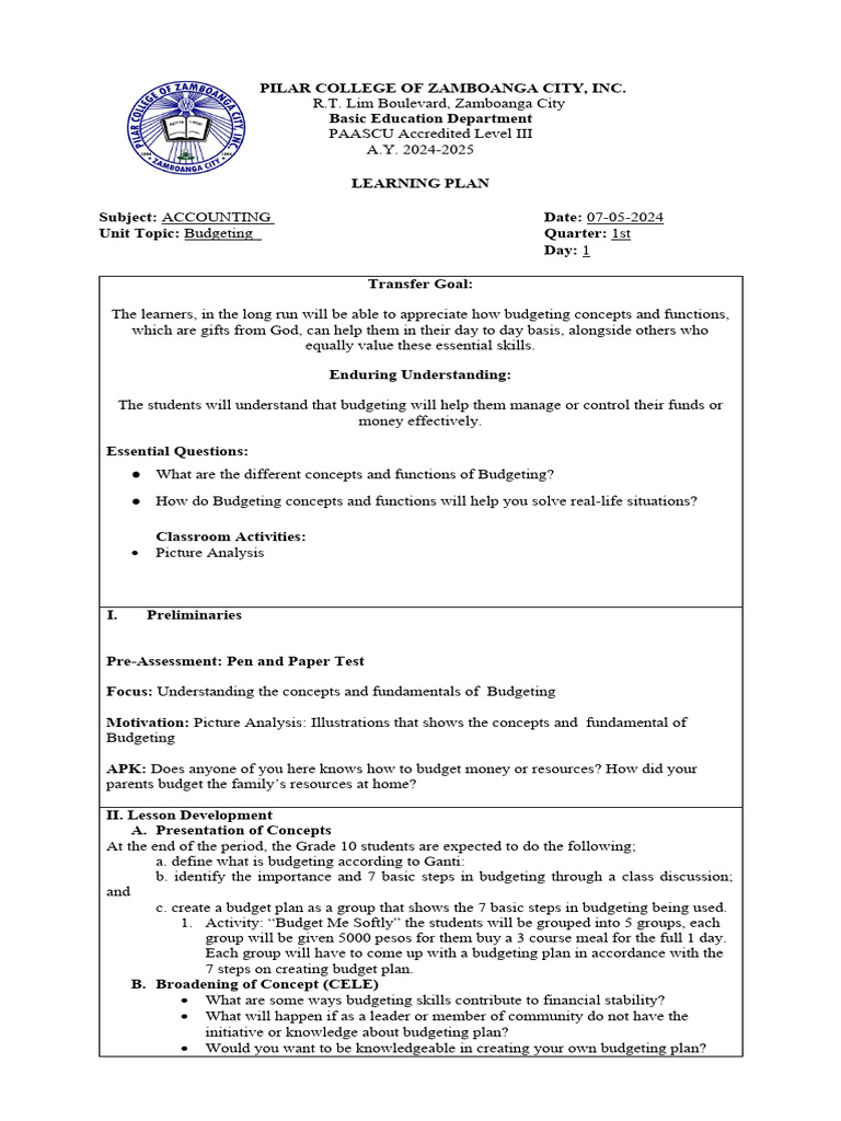 Lesson Plan Budgeting 2 2 | PDF | Learning | Behavior Modification
