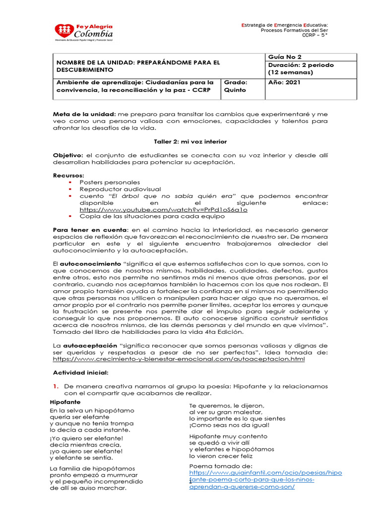 Guía 5° CCRP | PDF | Colombia | Autoestima