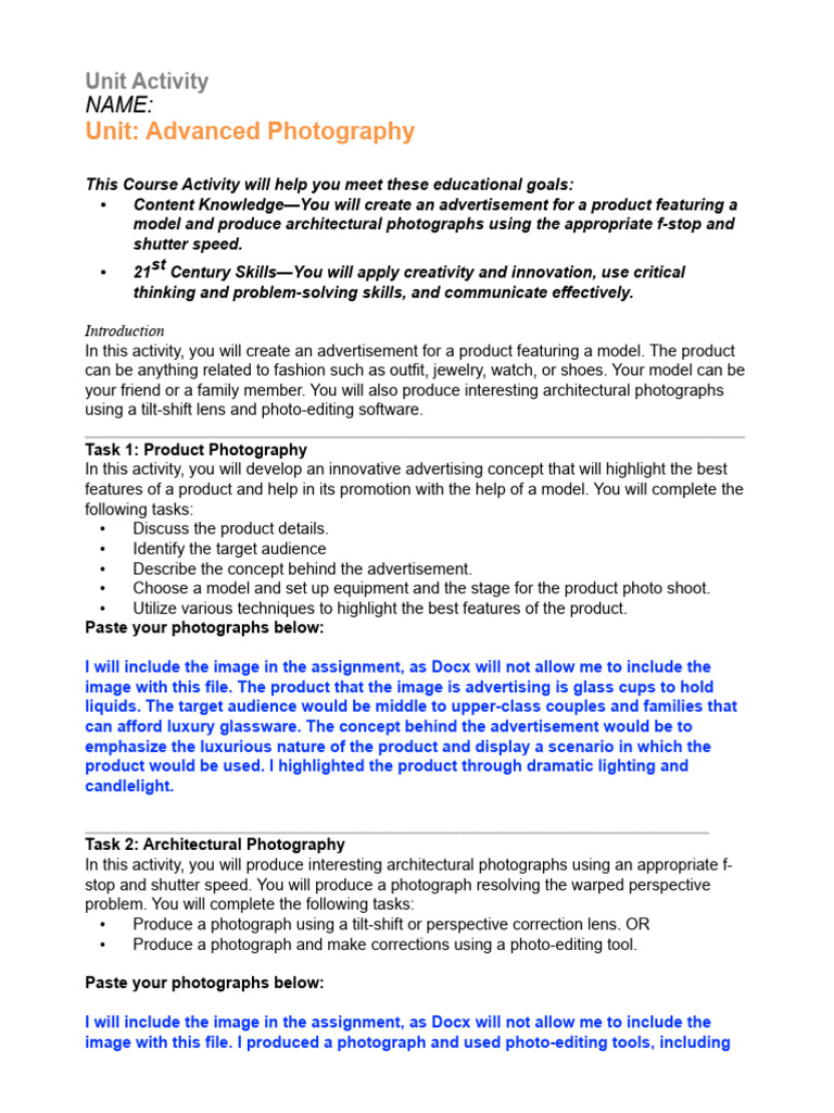 Advanced Photography Unit Activity | PDF | Image Editing | Vision